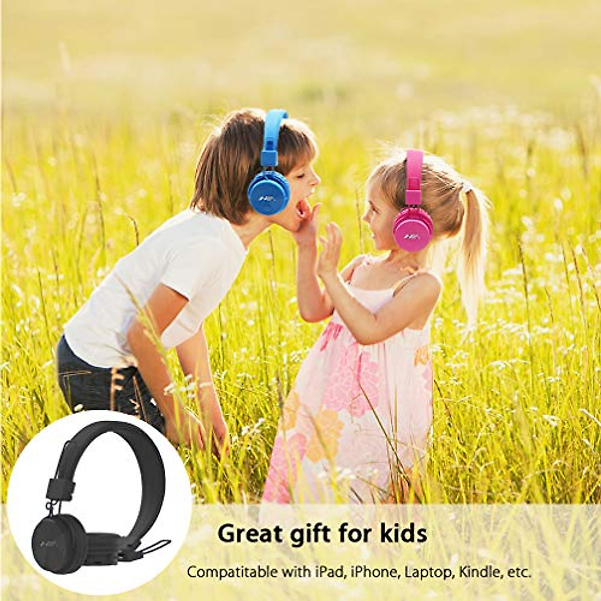 Aitalk Kids Wireless Bluetooth Headphones,Safe for Kids with Volume Limited 75dB,85dB,94dB,Wired and Wireless On Ear Headphones with MIC,Foldable Headband for Children,Boys,Girls,School,Travel (Black)