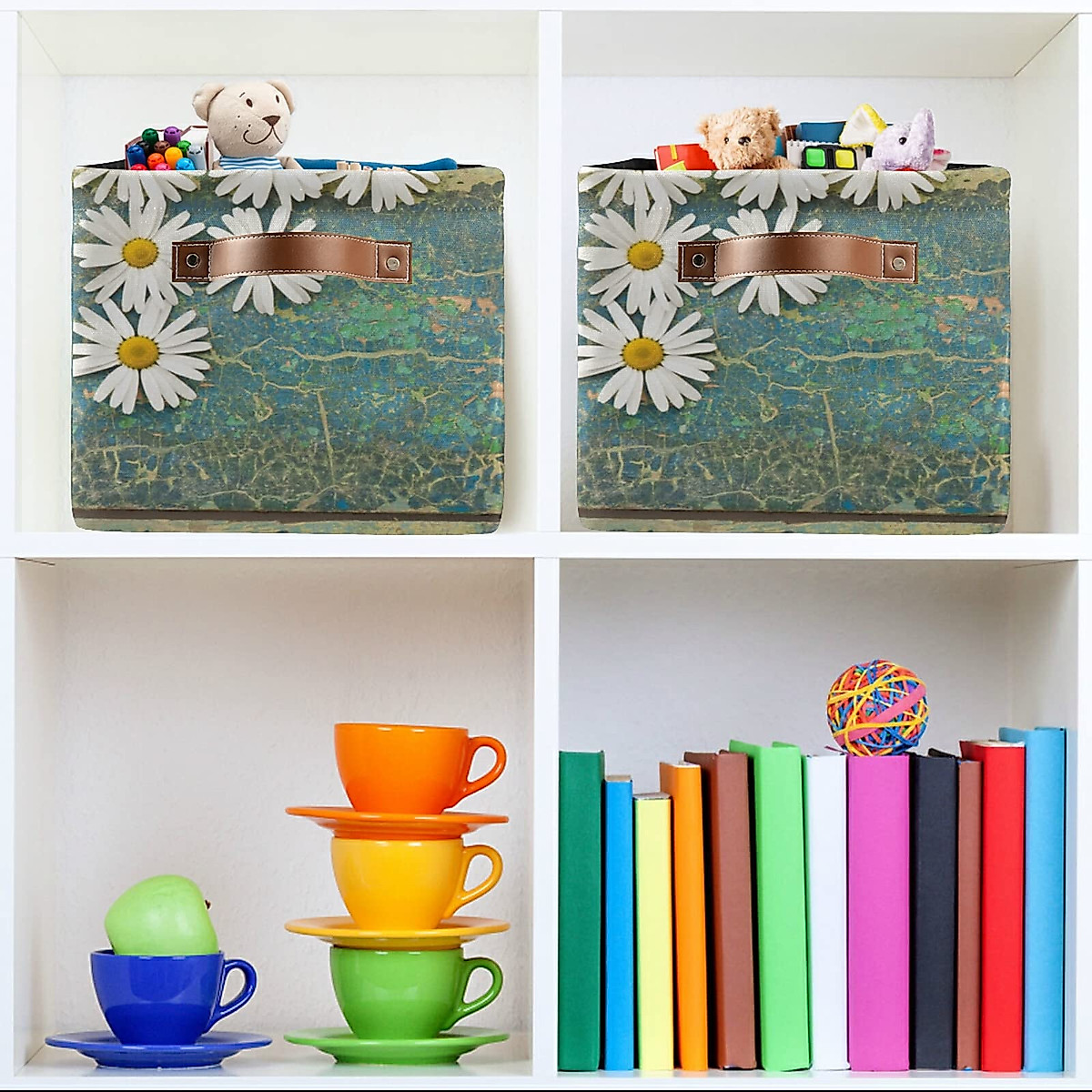 Flower Floral Daisy Wood Storage Bin Canvas Toys Storage Basket Bin Large Storage Cube Box Collapsible with Handles for Home Office Bedroom Closet Shelves，1 pc