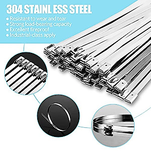 100PCS 11.8Inch Metal Cable Zip Ties - 304 stainless steel Heavy Duty Self-locking Cable Wire Tie Wrap for Fence Exhaust Wrapping Car Outdoor Canopy Automotive