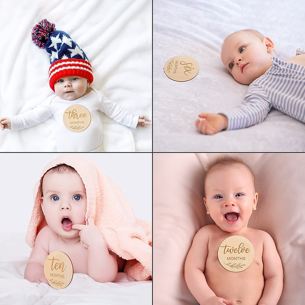 TOYANDONA 14pcs Wooden Baby Monthly Milestone Cards, Double Sided Baby Milestone Discs for Photo Props Baby Shower