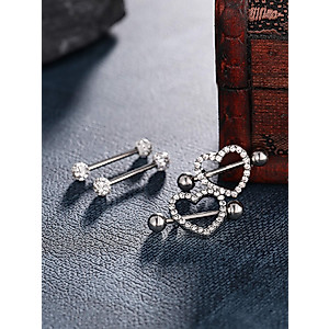 JOVITEC 2 Pairs Stainless Steel Nipple Ring CZ Barbell Rhinestone Nipple Studs for Nipple Tougue Body Piercing, 14 G (Silver)