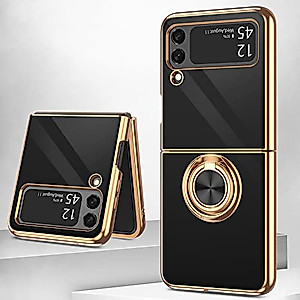 BENTOBEN Galaxy Z Flip 3 Case 5G with 360° Ring Holder, Shockproof Slim Kickstand Magnetic Support Car Mount Women Men Non-Slip Protective Phone Case for Samsung Galaxy Z Flip 3, Black/Gold