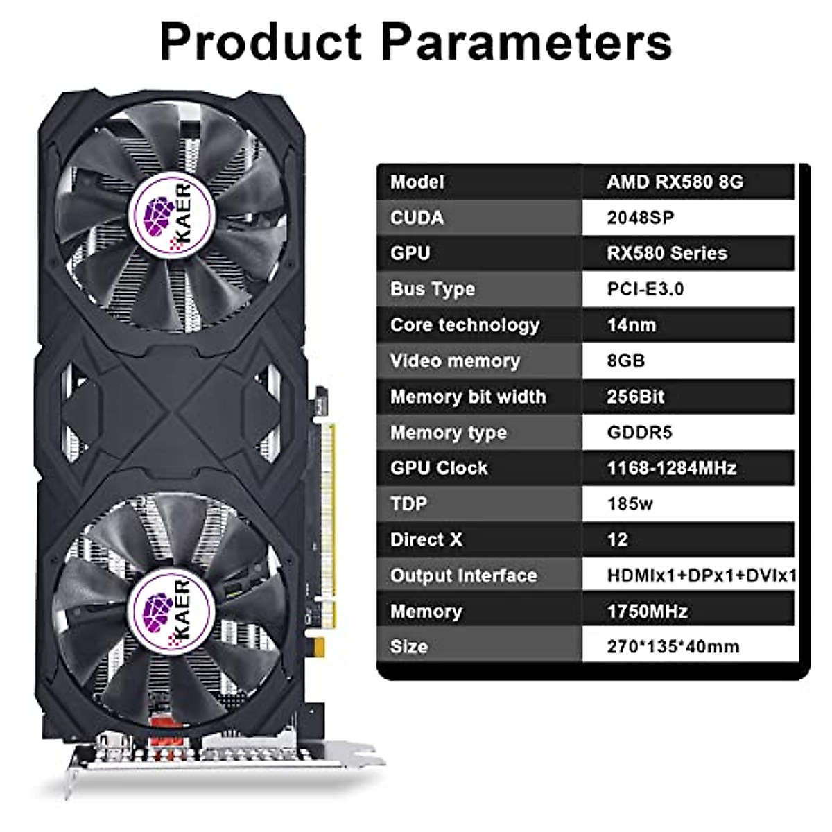 KAER RX580 8GB Graphics Card GDDR5 256bit Computer Graphics Card with Dual Fans 1284/7000MHz,PCI Express 3.0 Gaming Graphics Card, DVI HDMI DP Desktop