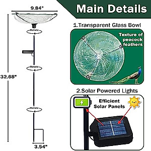 SUBOLO Bird Bath for Outdoors Solar Powered Glass Bird Bath Bowl with Metal Stake for Yard Lawn Garden Decorations, Transparent