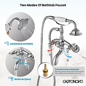 gotonovo Polish Chrome Clawfoot Tub Faucet Wall Mount Hand Held Shower Bathtub Faucet Set Double Level Handle with 6 Inch Center with Adapter Adjustable Swing Arms