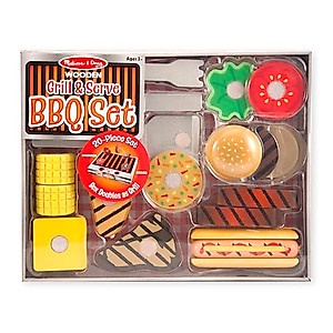 Melissa & Doug Grill and Serve BBQ Set (20 pcs) - Wooden Play Food and Accessories