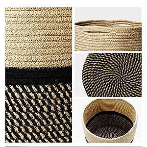 Large Modern Woven Rope Basket. Woven Storage Basket Decorative Rope Basket Wooden Bead Decoration for Blankets,Toys,Clothes,Shoes,Plant Organizer Bin with Handles Living Room Home Decor, Jute.