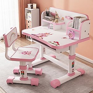 Kids Learning Desk Set Functional Desk and Chair Set Height Adjustable with Drawers and Storage Compartments Curved Desktop Cartoon Learning Desks and Chairs for Boys and Girls （Blue/ Pink） Pink