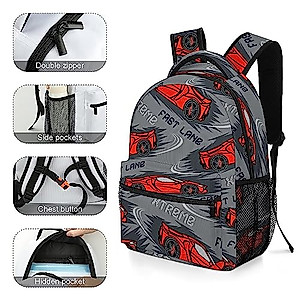 MEIKKO Abstract Speed Race Car Backpack Cartoon Large Computer Bags with Chest Strap,Lightweight Casual Daypack for Women Men Hiking Travel Work and Business 16 Inch