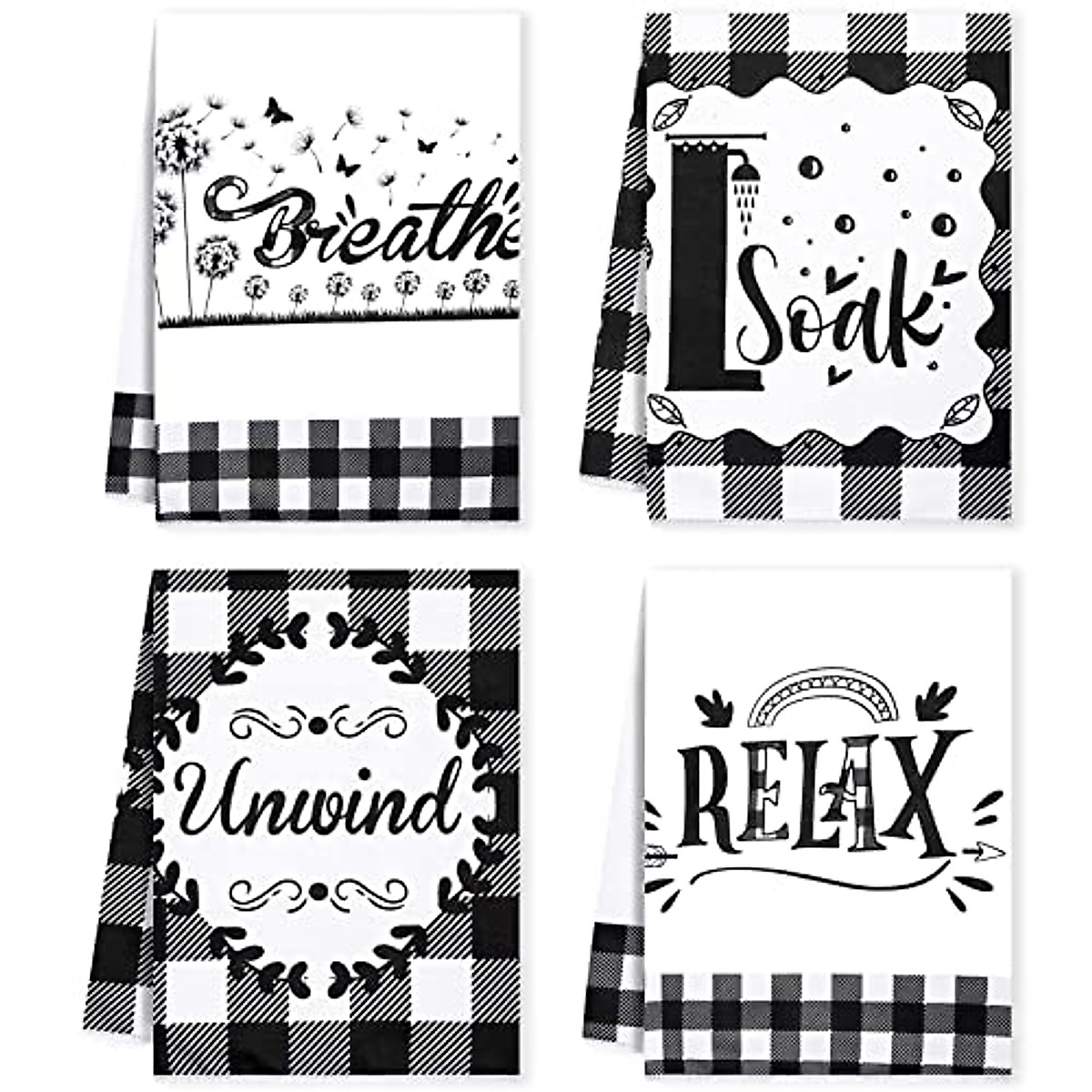 Rumia 4PCS Plaid Bathroom Hand Towels Black White Buffalo Plaid Farmhouse Bathroom Hand Towel Relax Soak Unwind Breathe Kitchen Dish Hand Towel Bath Towels Decorative Set for Bathroom Restroom Decor