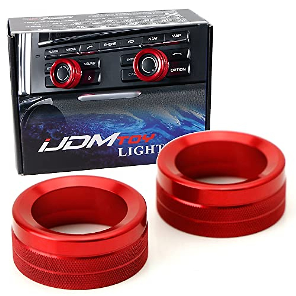 iJDMTOY 2pc Red Sports Aluminum AC Climate Control and Radio Volume Knob Ring Covers Compatible With Porsche 2014-up Macan, 2011-2018 Cayenne, 2010-2016 Panamera, 2012-2019 911