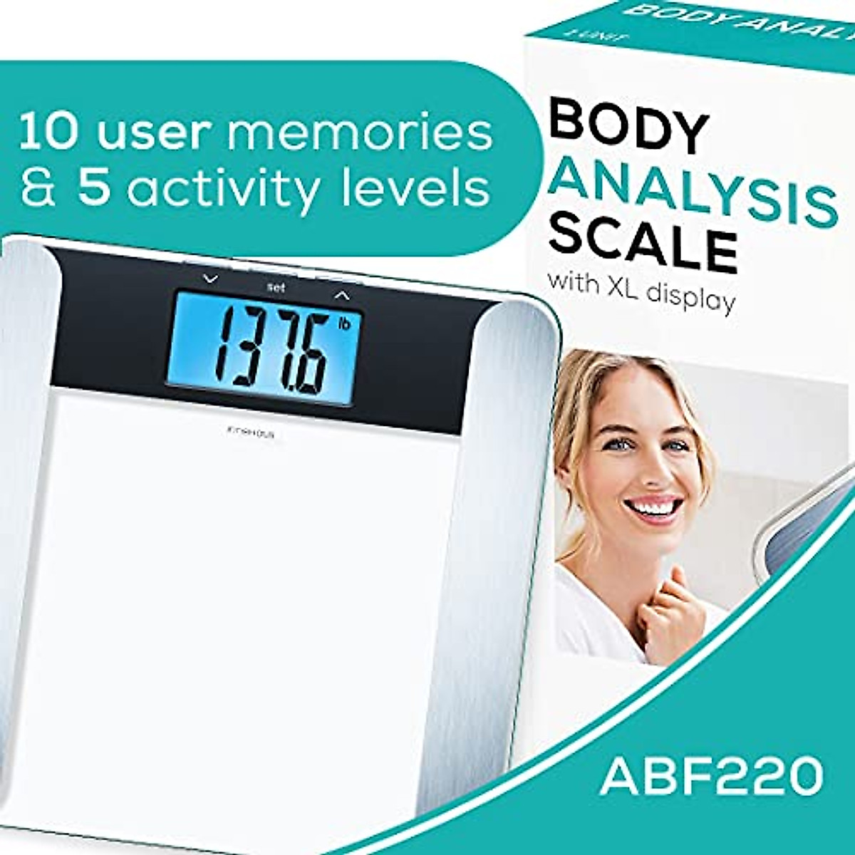innoHaus Body Fat Analyzer Scale Bmi, Multi-User & Recognition, Digital Weight Scale, XL LCD Illuminated Display, ABF220, Silver