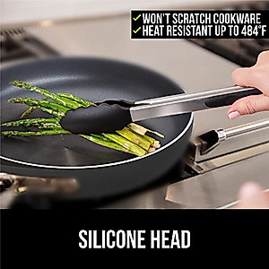 Gorilla Grip Stainless Steel Silicone Tongs for Cooking, Set of 2, Includes 9 and 12 Inch Locking Kitchen Tong, Heat Resistant Tip, Strong Grip for Meat, Perfect for Nonstick Pans, BBQ, Black