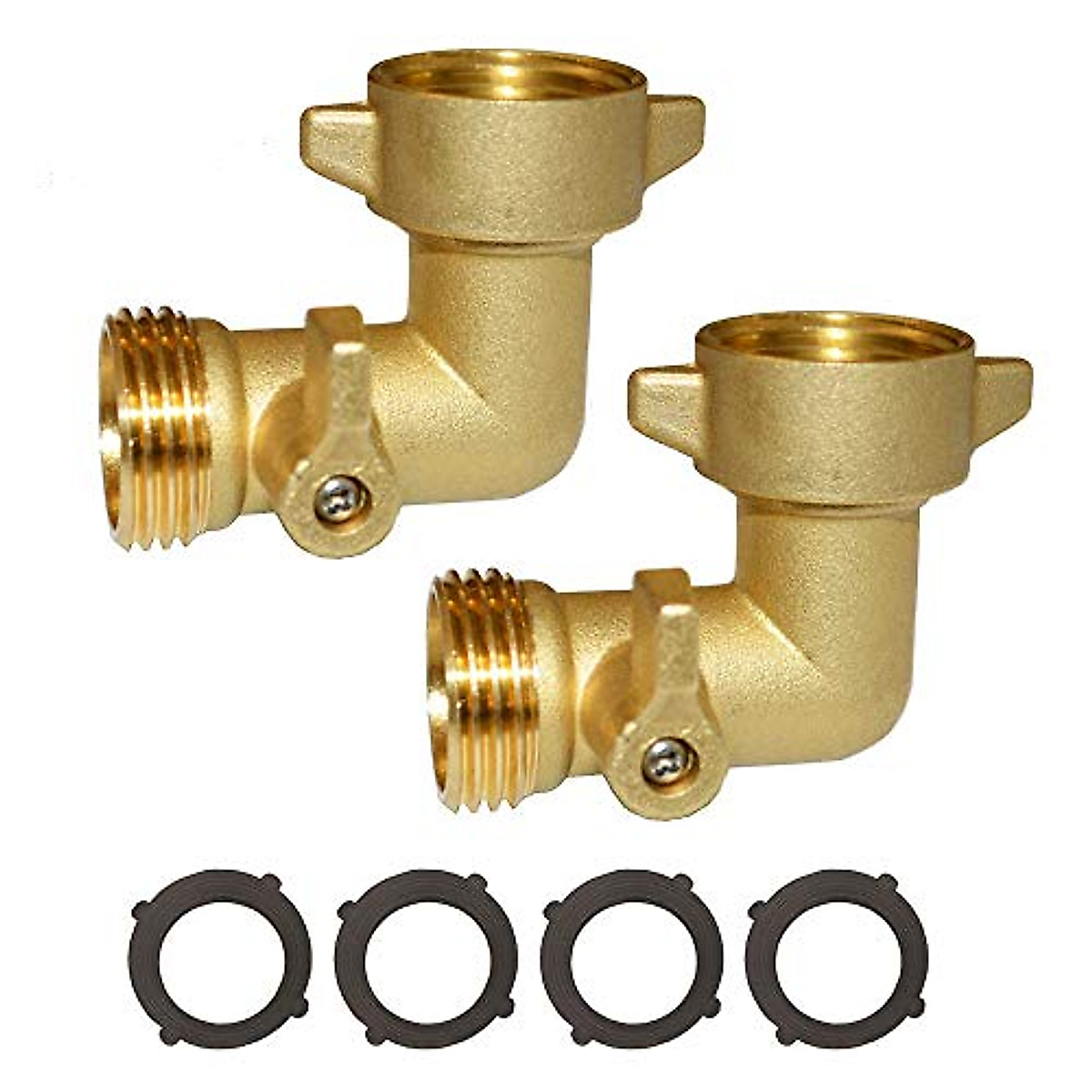 HQMPC 90 Degree Garden Hose Elbow with Shut Off Valve Hose Elbow 3/4" GHT Garden Hose Elbow Brass Garden Hose RV Adapter Water Hose 90 Degree Eelbow With 4 Pcs Washers