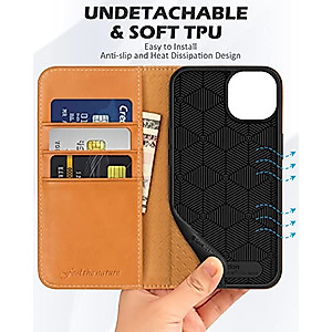 SHIELDON Case for iPhone 13 5G, Genuine Leather Durable Flip Wallet Kickstand RFID Blocking Credit Card Holder Magnetic Shockproof Protective Case Compatible with iPhone 13 (6.1" 2021 Release) - Brown