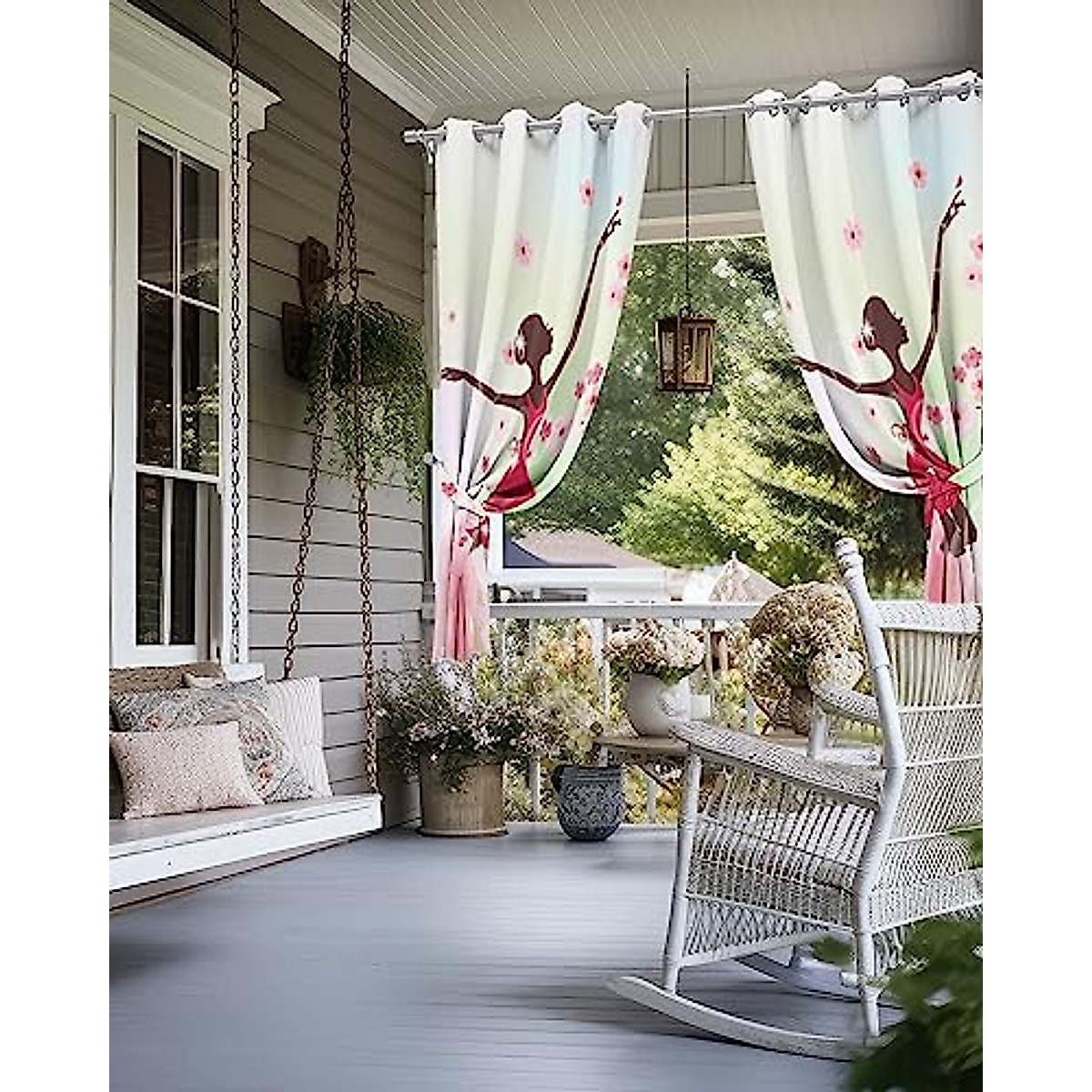 Outdoor Curtains for Patio 2 Panels Set Ballet Dadcing Girl Under Pink Flower Tree Waterproof Privacy Outside Curtain Sun Blocking Grommet Blackout Drapes for Porch Gazebo Pergolas Balcony 52x95 Inch