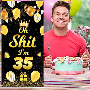 Oh S*it I’m 35 Happy 35th Birthday Banner Backdrop Crown Balloons Confetti Cheers to 35 Years Old Bday Theme Decorations Funny Birthday Decor for Women Men 35th Birthday Party Supplies Black and Gold