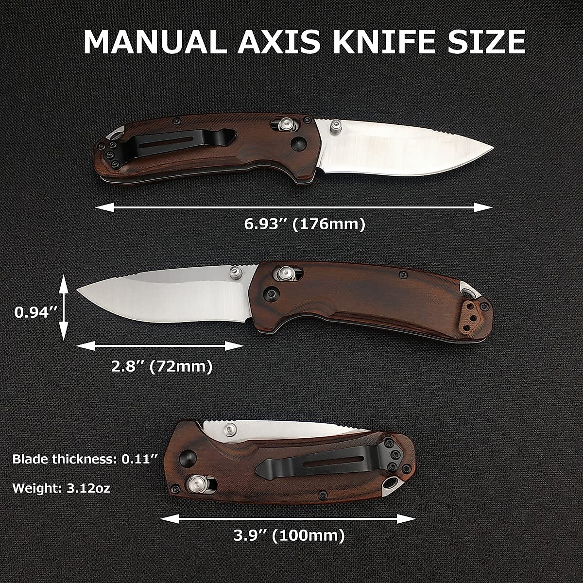 Manual Open North Fork 15031-2 Knife, Axis Lock Knife with 2.8 Inch D2 Steel Blade, Wood Handle, EDC Folding Pocket Knife with Thumb Stud, Belt Clip