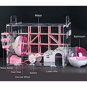 Nynelly Hamster Cage,Transparent Durable Small Animal Cage and Habitats House,Include Hamster Maze,Exercise Wheel, Water Bottle, Hamster Hideout, Food Bowl,Pink,13" L x 11.4" W x 11.4" H
