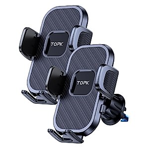 TOPK 2-Pack Phone Holders for Your Car [Wider Clamp & Metal Hook] Car Phone Mount [Thick Cases Friendly] Air Vent Clip Cell Phone Holder for Smartphone, iPhone, Automobile Cradles Universal