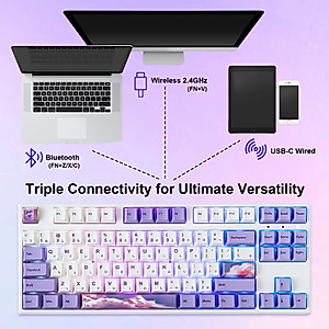 BOYI IK87 75% Tri-Mode Mechanical Gaming Keyboard,BT5.0/2.4G Wired RGB Keyboard,N-Key Rollover TKL Custom Keyboard Gateron Yellow Switch(Purple Dream Encounter Keycaps)