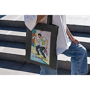 Pop Threads El Borracho Drunk Loteria Card Mexican Latina Graphic Tote Bag for Adults Black 15x15 inches