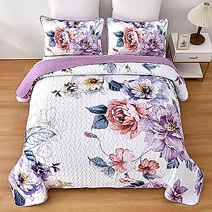 Dobuyly Purple Floral Quilt Set King Size, 3 Pieces Botanical Flower Printed on White Quilt Bedding Set Soft Microfiber Lightweight Bedspread Coverlet Set for All Season 104" x 90"
