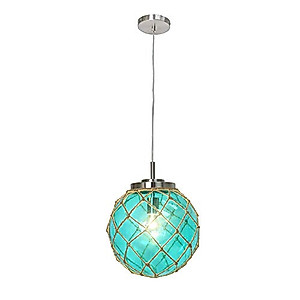 Elegant Designs PT1003-AQU Buoy Netted Brushed Nickel Coastal Ocean Sea Glass Pendant with Natural Rope, Aqua