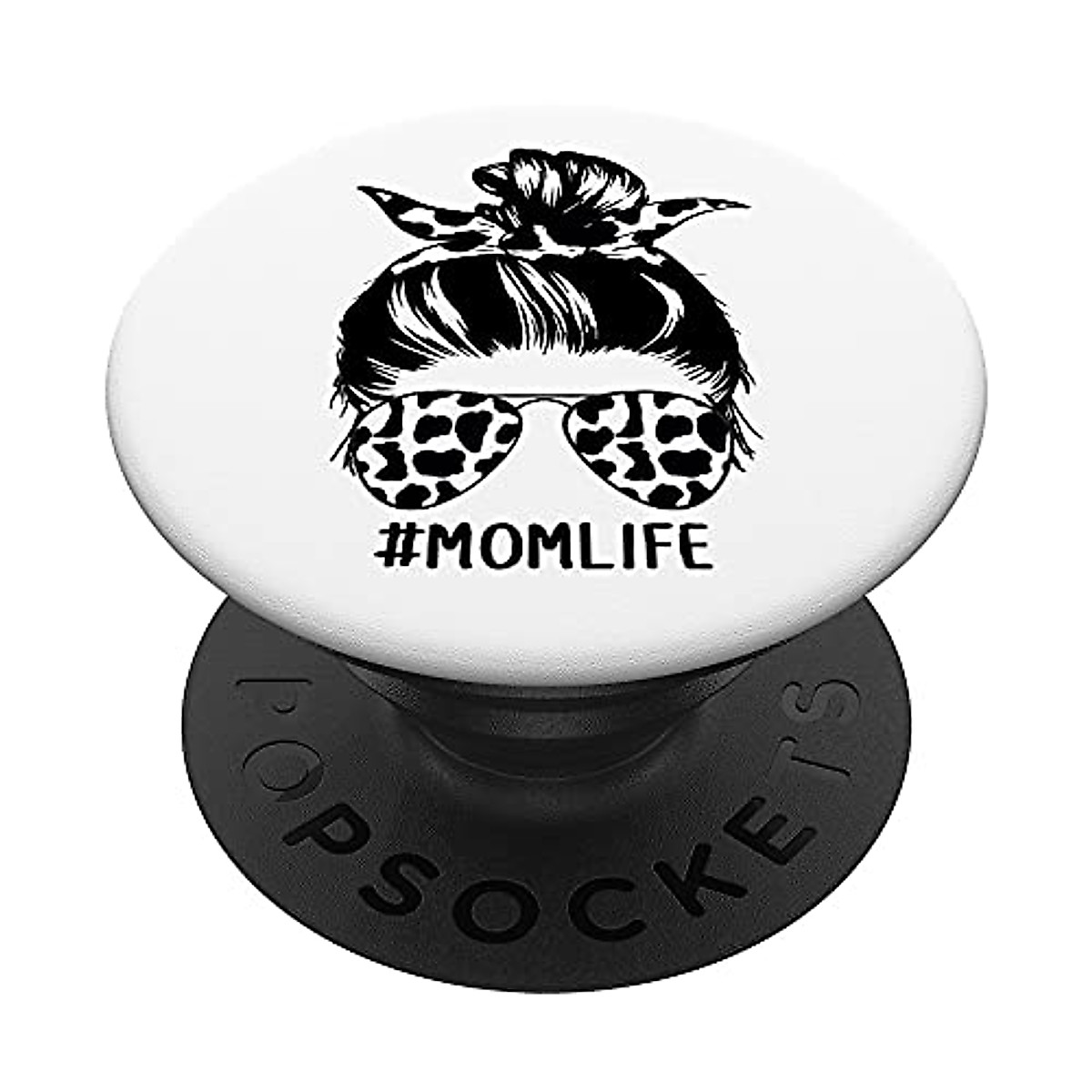 Cow Print Messy Bun Mom Life Mama Cow Black White Animal PopSockets Swappable PopGrip