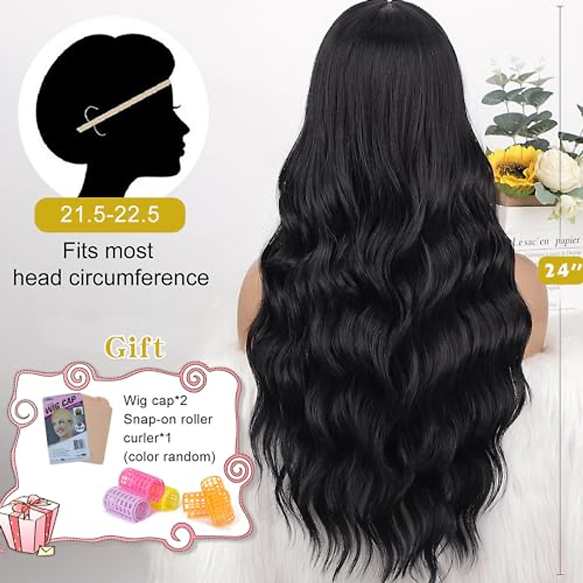 AISI QUEENS Black Wig with Bangs, Long Black Wavy Wigs for Women Synthetic Wigs Natural Black Curly Hair Wig for Girls Daily Party Use