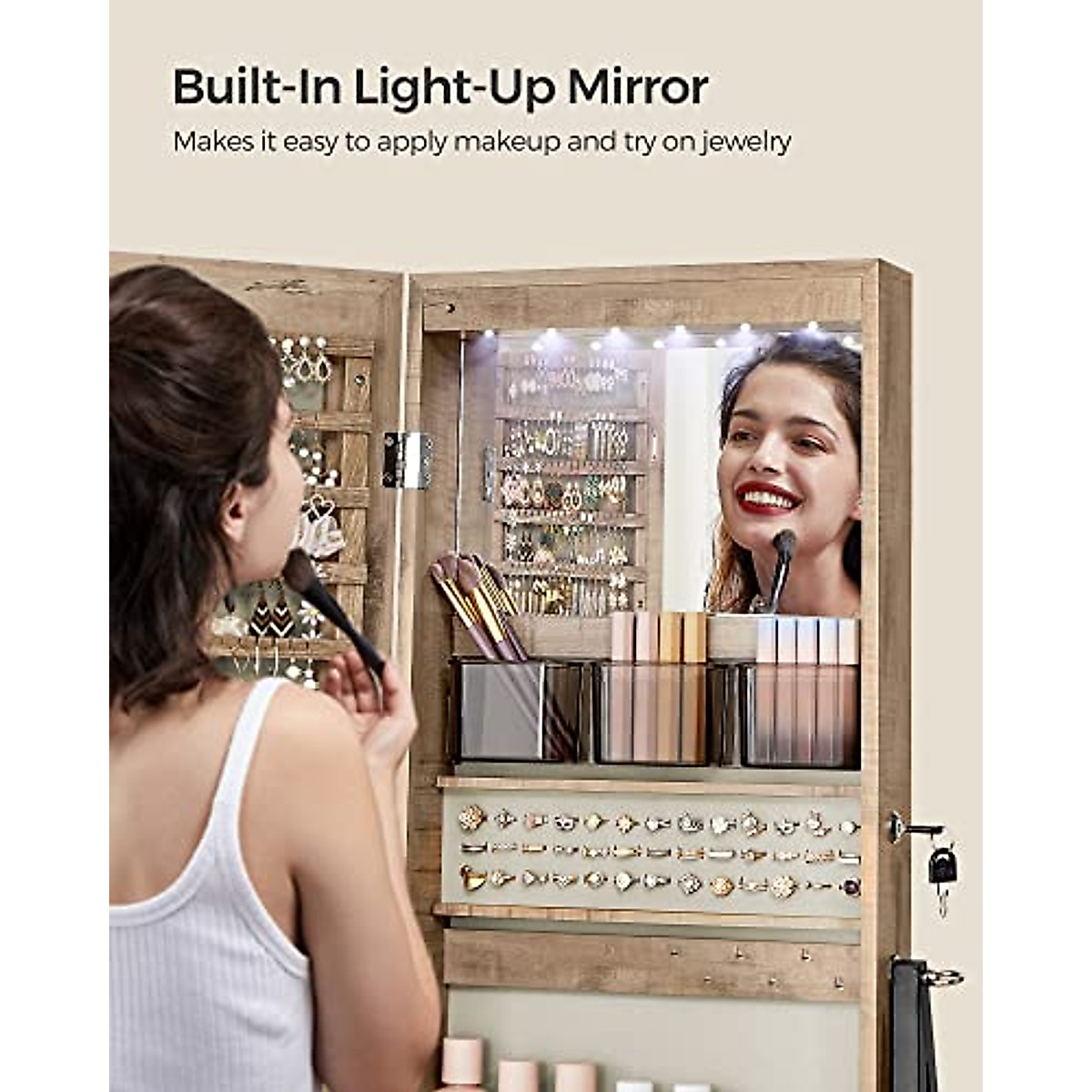 SONGMICS LED Mirror Jewelry Cabinet Standing, Lockable Jewelry Armoire with Full-Length Mirror, Space-Saving Jewelry Organizer with Mirror, Drawer and Shelf, Toasted Oak Color UJJC025N01