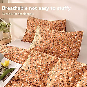 Lekesky Cotton Duvet Cover Queen Size - 100% Washed Cotton Orange Pattern Floral Duvet Cover for All Season, Soft and Breathable Bedding Set with Zipper Closure & Corner Ties