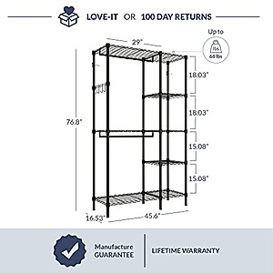 BELLEZE Garment Rack for Hanging Clothes, Clothes Rack with Adjustable Shelf, Freestanding Clothing Rack Closet Organizer Rack with 2 Pairs Side Hooks, Heavy Duty Closet Wardrobe for Bedroom, Black