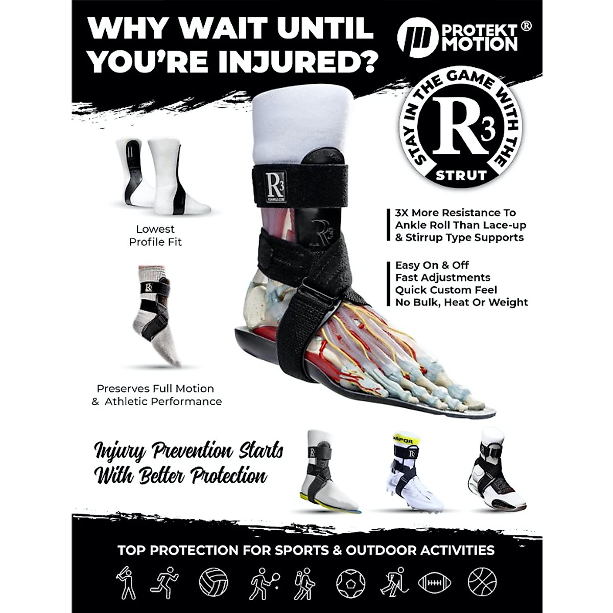 Protekt Motion - R3 STRUT High Performance Sports Ankle Brace; 3X The Ankle Roll Resistance of Old-style Lace-up & Stirrup Braces (Left, Medium)