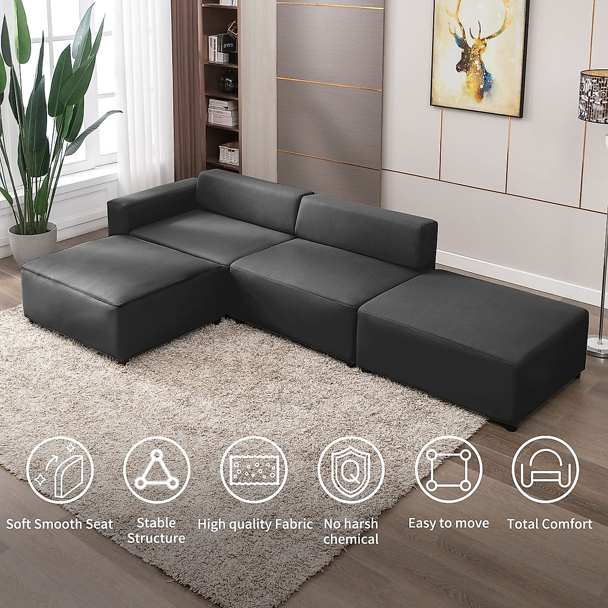 Mjkone Oversized Convertible L Shape Sectional Sofa Couch, Modular Sofa with Reversible Ottoman, Upholstered Sectional Couch for Living Room Apartment, Dark Gray
