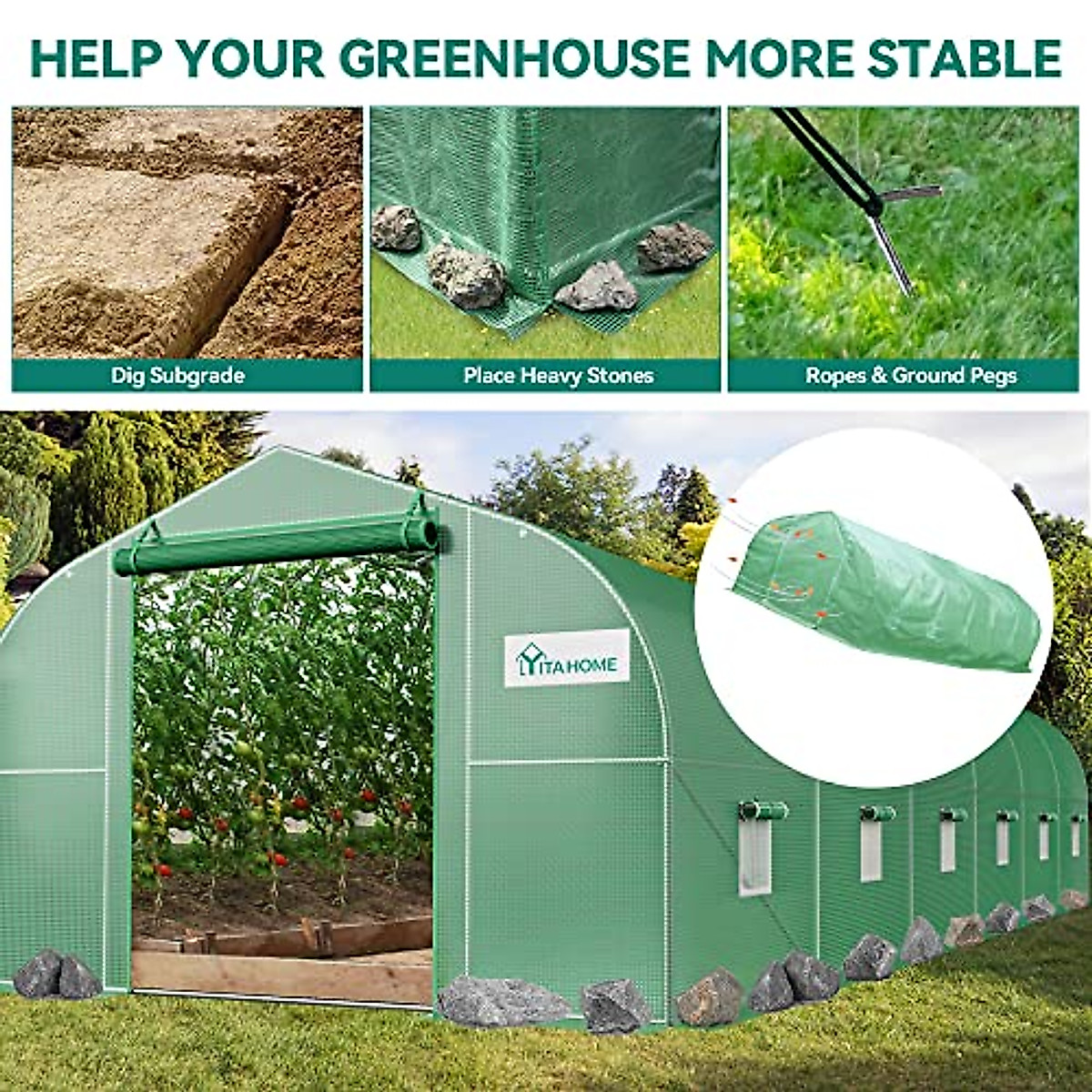 YITAHOME 30x10x6.5ft Greenhouse Large Heavy Duty Greenhouses Outdoor Tunnel Walk in Green House Gardening Upgraded Galvanized Steel Frame Ropes Zipper Doors 7 Crossbars Garden, Green