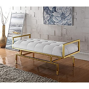 Iconic Home Bruno PU Leather Modern Contemporary Tufted Seating Goldtone Metal Leg Bench, White