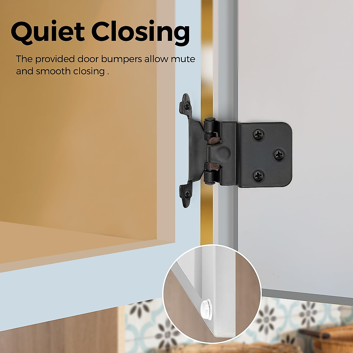 50 Pack 25 Pair Black Cabinet Hinges - 3/8 inch Inset Kitchen Cabinet Hinges, Semi-Concealed Hinges, Self Closing Cabinet Door Hinges with Door Bumper Flush Face Mount Cupboard Hardware