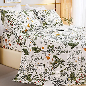 QSH 100% Cotton Sheets for Queen Size Bed, Yellow Flowers Plant Pattern Botanical Luxury Cotton Printed Floral Bedding Sheets Queen Soft and Breathable 4pcs Deep Pocket Queen Sheet Set
