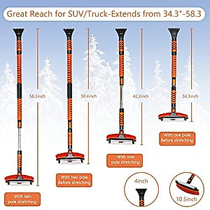 HOHUIGO 58.5" Ice Scraper and Extendable Snow Brush for Car Windshield, Snow Scraper Brush Detachable for Car Auto SUV Truck Vehicle 180° Pivoting, Snow Ice Remover Snow Broom Kit with Foam Grip