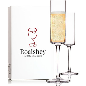 Roaishey Champagne Flutes Set of 2 - Hand Blown Crystal Champagne Glasses - 6 oz Clear Square Champagne Flutes - Unique Gifts for Women - Wedding, Galentines, Christmas, Anniversary