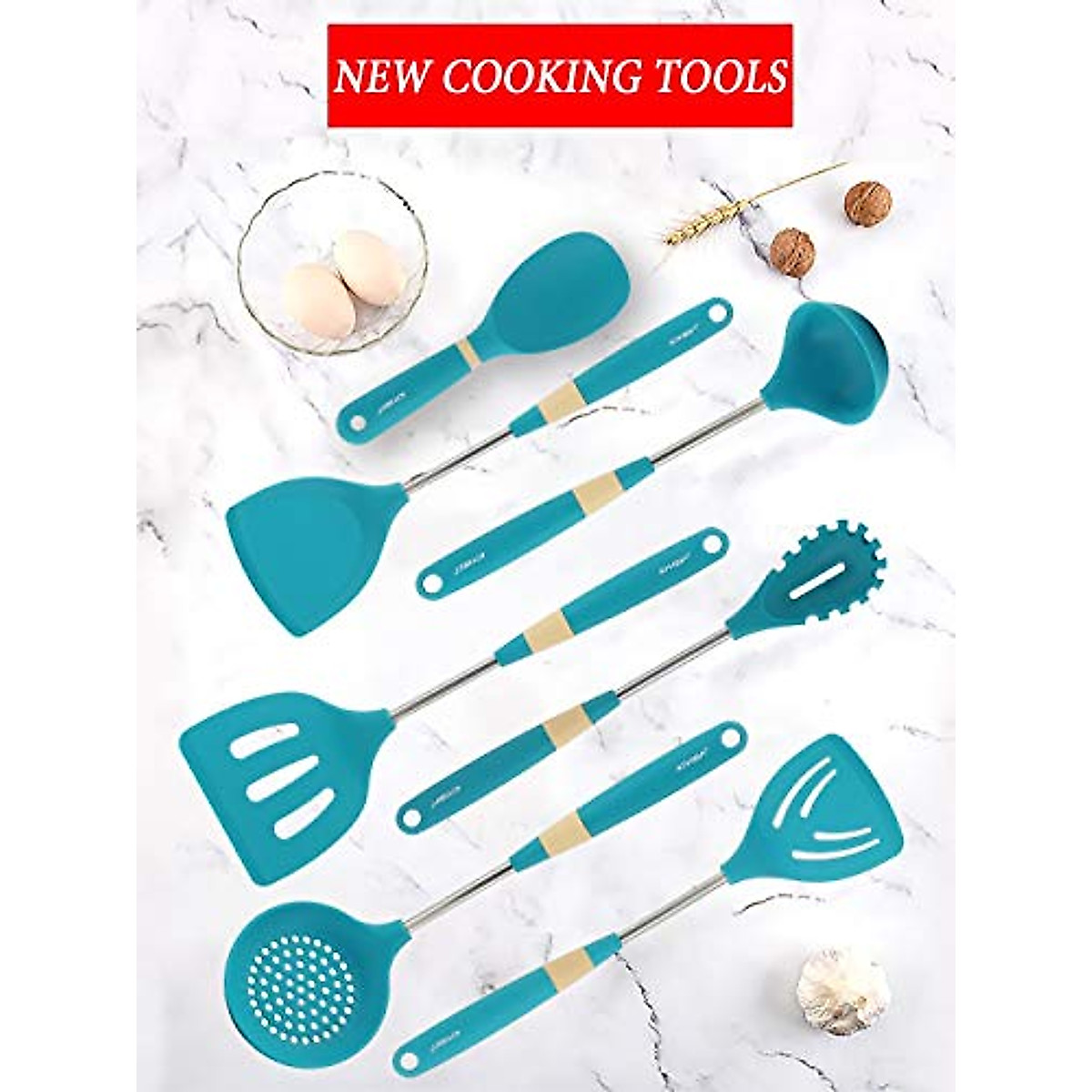 SDGH 7 Pcs New Silicone Kitchenware Non-Stick Kitchen Cooking Utensils Extended Design Stainless Steel Handle Kitchenware Sets (Color : E)