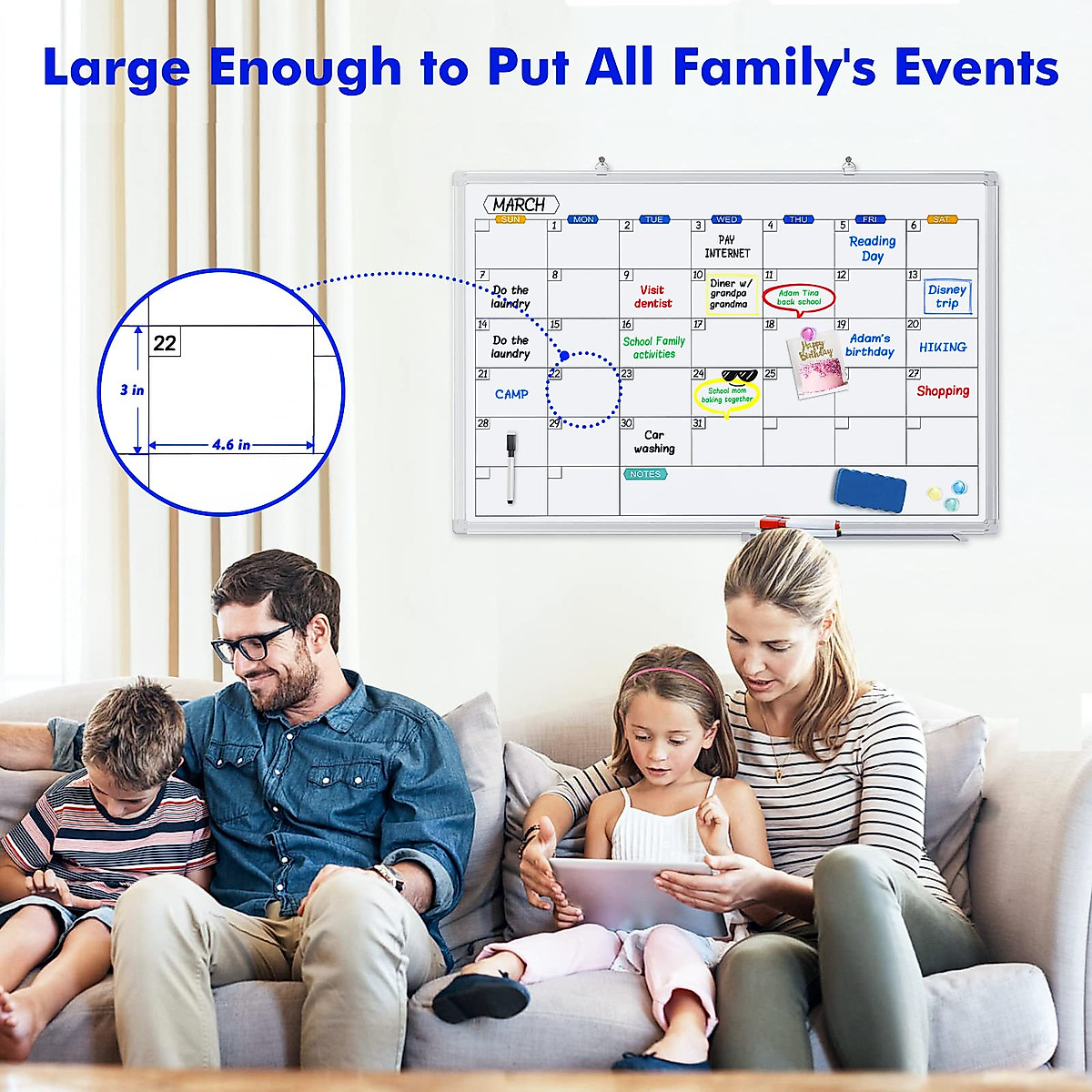 Dry Erase Calendar Whiteboard for Wall, 36" x 24" Magnetic Monthly WhiteBoard Calendar Dry Erase, Wall Hanging Aluminum Frame Calendar Board with Tray for Home, School, Office (Silver Frame)
