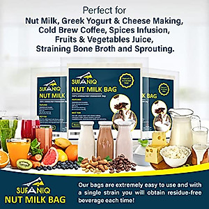 Sufaniq Nut Milk Bag - 2 Pack (12 x 12 Inches) 100% Unbleached Cotton Cheesecloth Bag, Premium Quality Reuseable Nut Bag Strainer for Almond, Soy, Oat Milk, Tea, Juices, Cold Brew Coffee