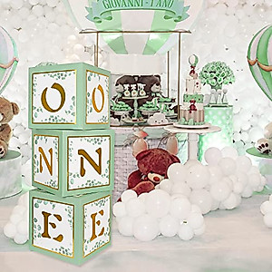 Keencopper One Boxes for 1st Birthday, 3pcs Sage Green Baby Blocks First Birthday Decorations for Boys or Girls with Gold ONE Letters as Photoshoot Props Cake Smash Backdrop