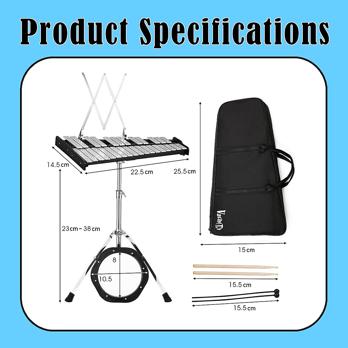 VACHAN 32 Notes Glockenspiel Bell Kit Professional Xylophone for Adult Beginner Students with 8'' Drum Practice Pad,Adjustable Music Stand,Glockenspiel Stick,Drum sticks and Carrying Bag