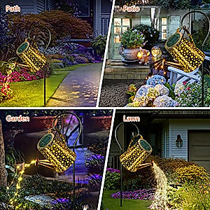 Solar Watering Can with Lights, Outdoor Decorative Garden Light Solar Fairy Lights, Waterproof Metal Retro Star Shower Art Hanging Waterfall Lights for Patio Lawn Yard (with Shepherd Hook)
