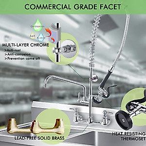 HYAHDEN Commercial Faucet with Pre Rinse Sprayer, 8 Inch Wall Mount Faucet for 3 Compartment Sink, Commercial Faucet Restaurant Kitchen Faucet with 12” Spout, 35" Height, Industrial, Chrome, Brass