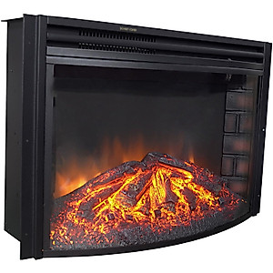 Hanover Fireside 5116 BTU 25'' Freestanding Black Curved Electric Fireplace with Log Display and Realistic Flames, Versatile Modern Wall Fireplace Heater for Home and Office with Remote Control