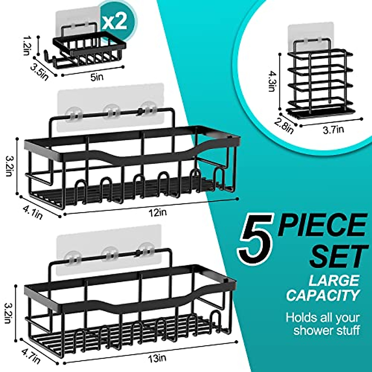 shower shelves[5 pcs],Kitchen&bathroom storage shelf, strong adhesive,bathroom shelf no drilling , rustproof stainless steel soap box, toothpaste, towel and toiletries,Cutlery Storage Box , black